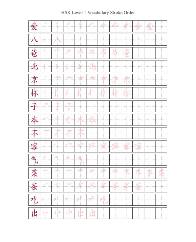 Digital Download Chinese HSK Level 1 Vocabulary Character - Etsy