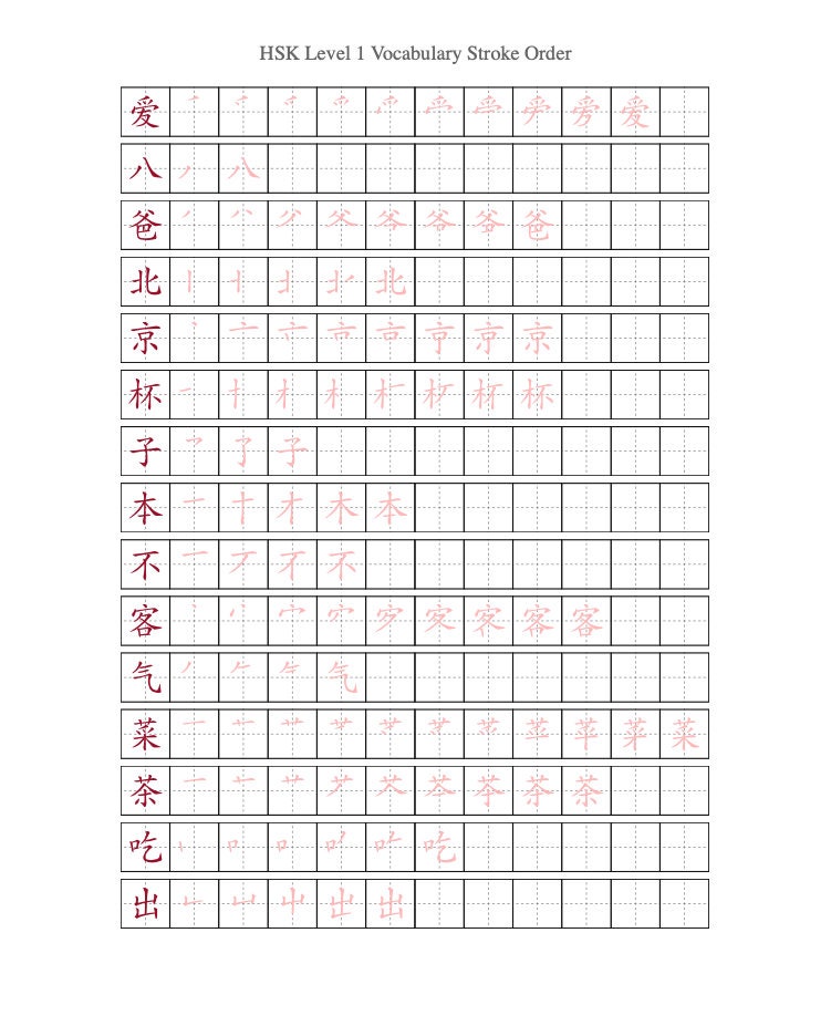 Digital Download Chinese HSK Level 1 Vocabulary Character Writing With ...