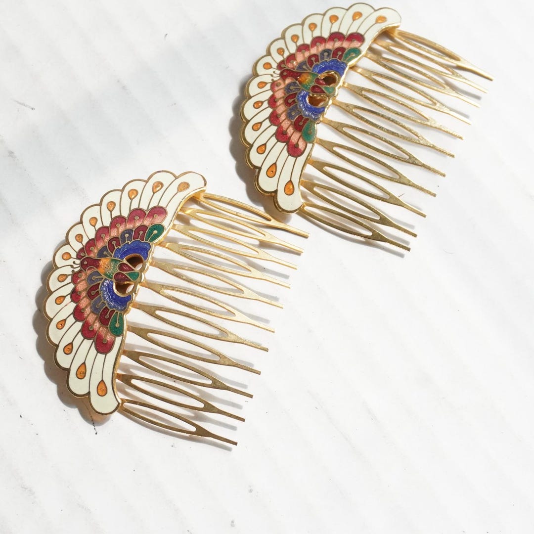 Vintage Cloisonne Hair Combs Set Vintage Peacock Feather Hair ...