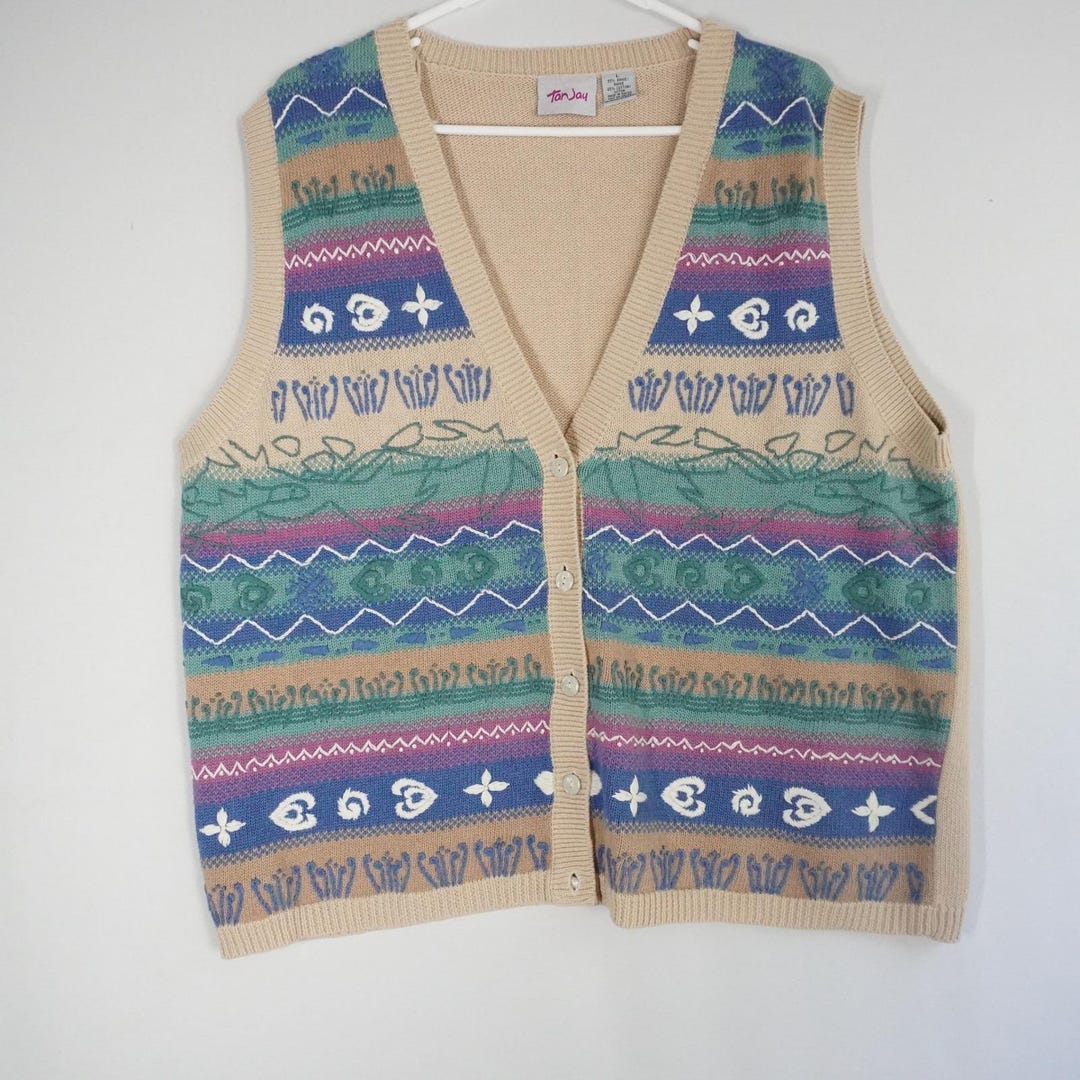 VTG Tan Jay Women Teacher Sweater Vest Colorful Sea Pattern Sleeveless ...