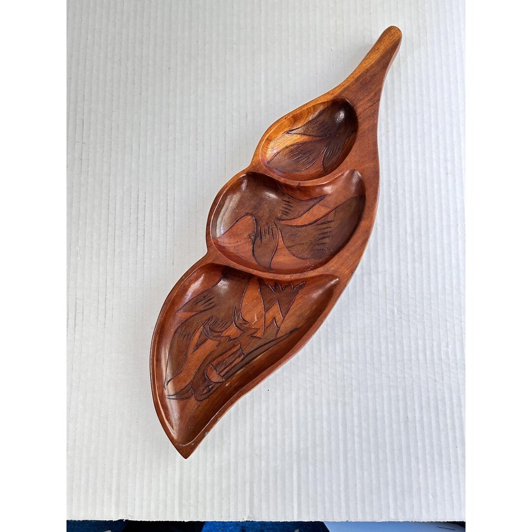 Large Vintage Monkey Pod Wood Bowl Leaf Shape Chip Dip Server Haiti ...