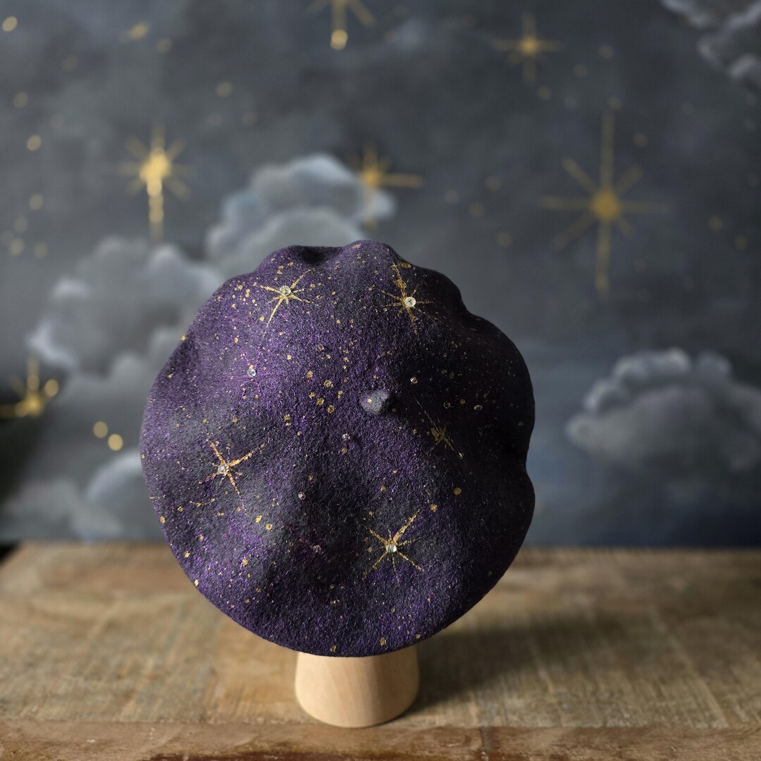 Hand-painted "galactic Violet" Wool Beret With Swarovski Crystals ...