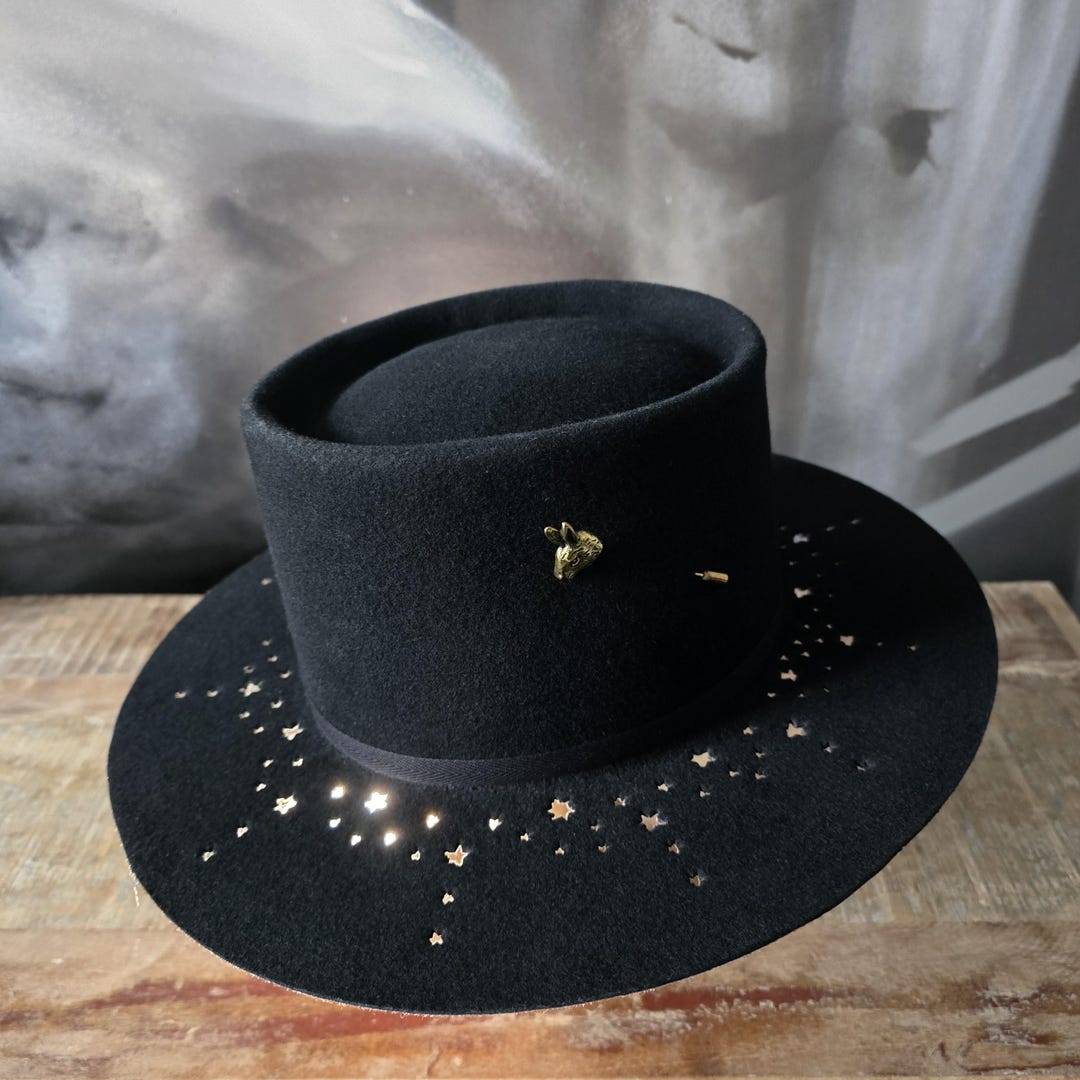 Black Felt Fedora Hat – Cut-out Stars, Autumn Design, Ready to Ship ...