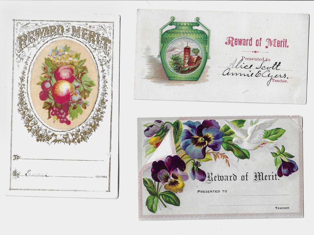 13 Antique Rewards of Merit Cards, Original Chromolithographs, Student ...