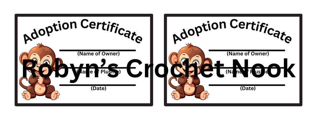 Monkey Adoption Certification PDF Cards for Crochet Plushies 8 per ...