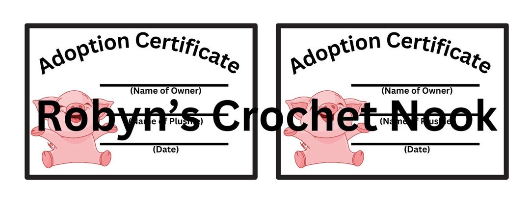 Pig Adoption Certification PDF Cards for Crochet Plushies 8 per Sheet ...