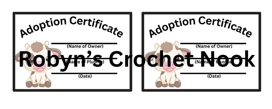 Cow Adoption Certification PDF Cards for Crochet Plushies 8 per Sheet ...