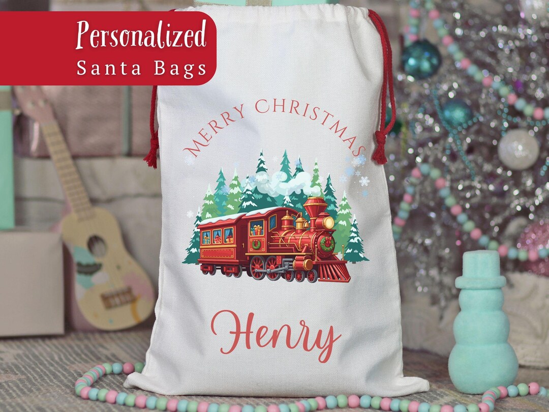 Santa Sacks for Boys - Steam Train - Add Name to Personalize for ...