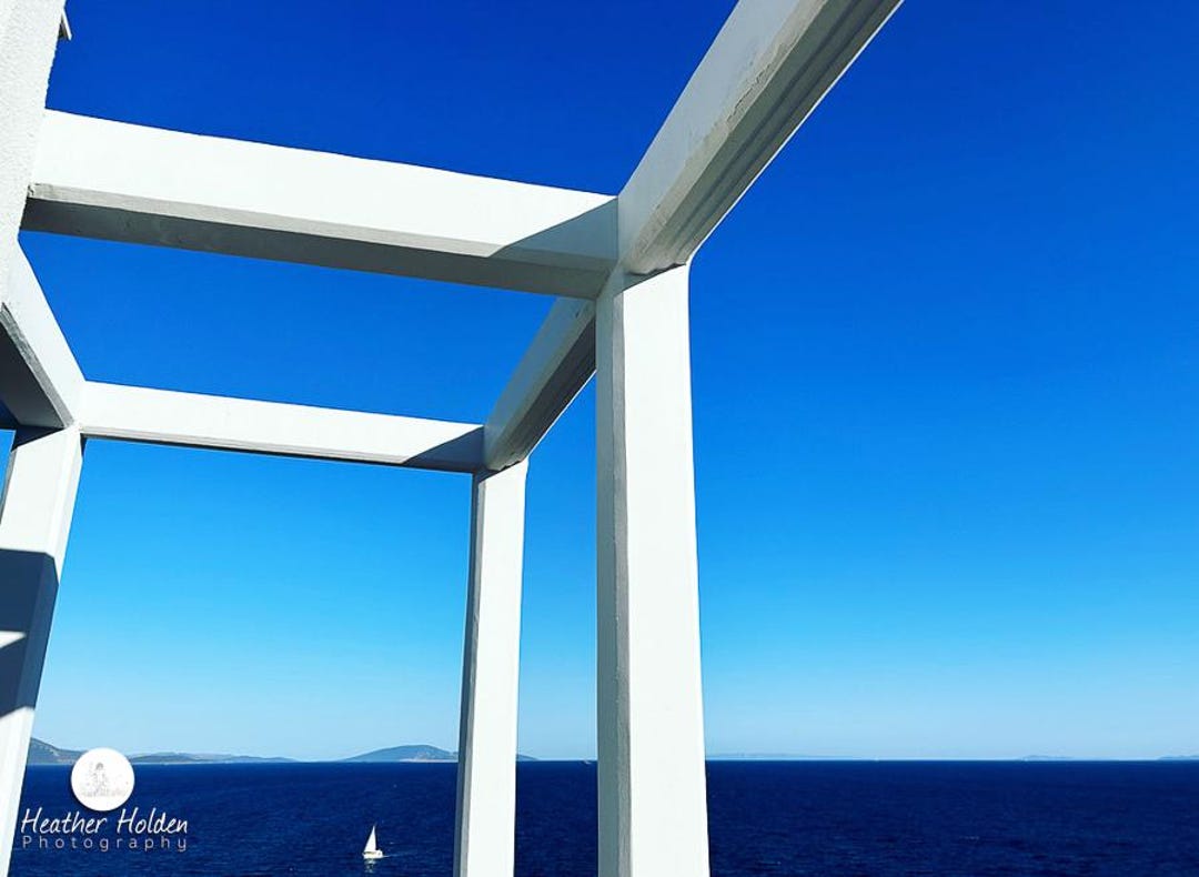 Greek Seascape Art Print, Blue Sky, White Columns, Heather Holden ...