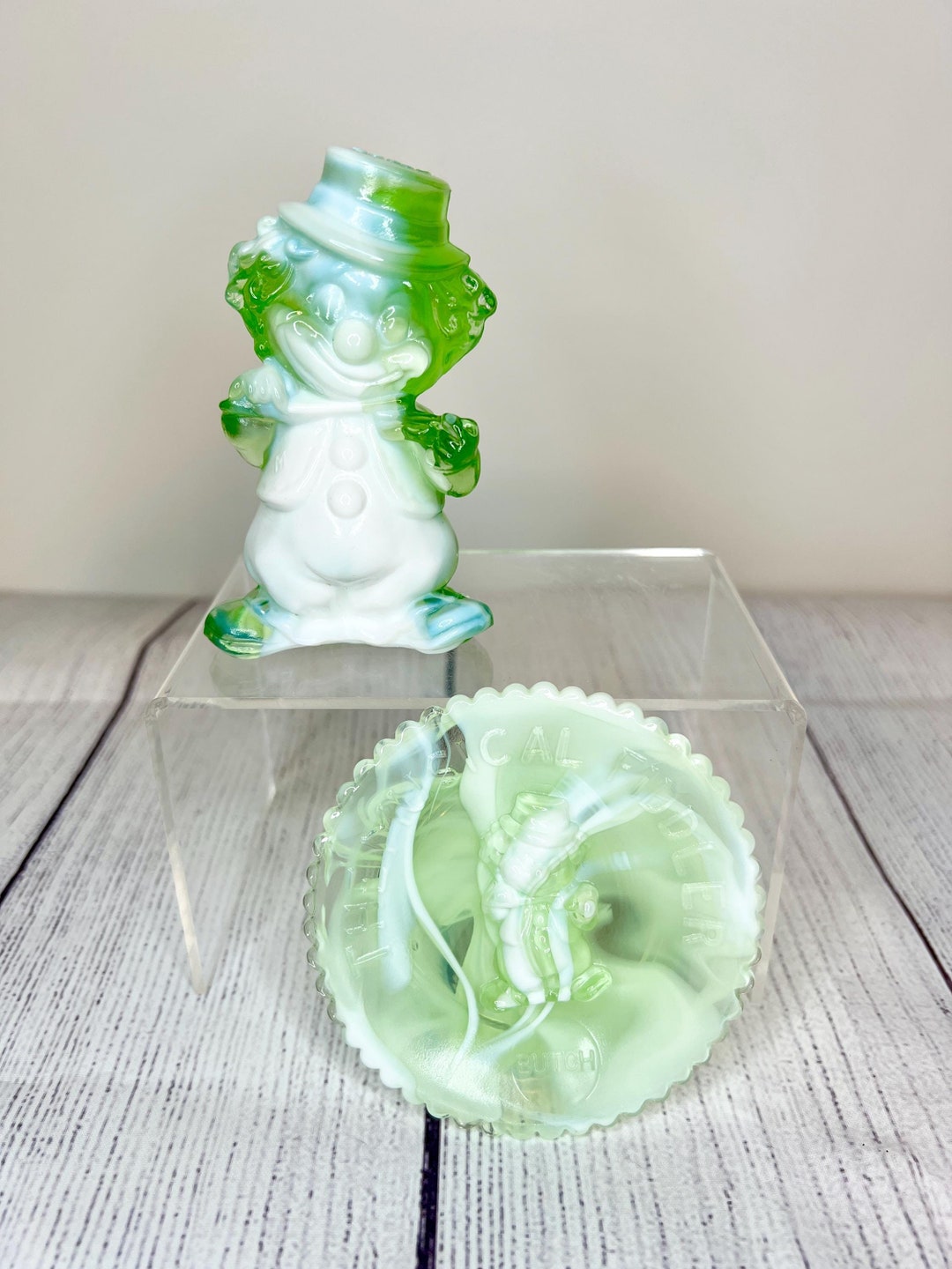 Mosser Green/white Slag Glass Butch the Musical Fiddler Clown Figurine ...