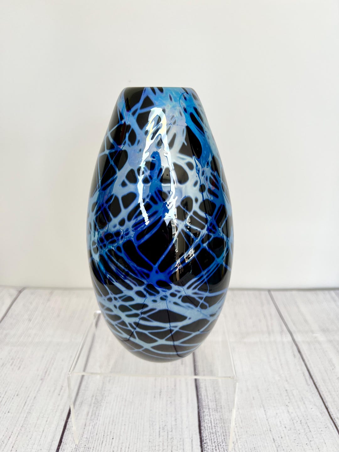 Stunning Signed Colin Stone 1985 Blue and Black Art Glass Vase - Etsy