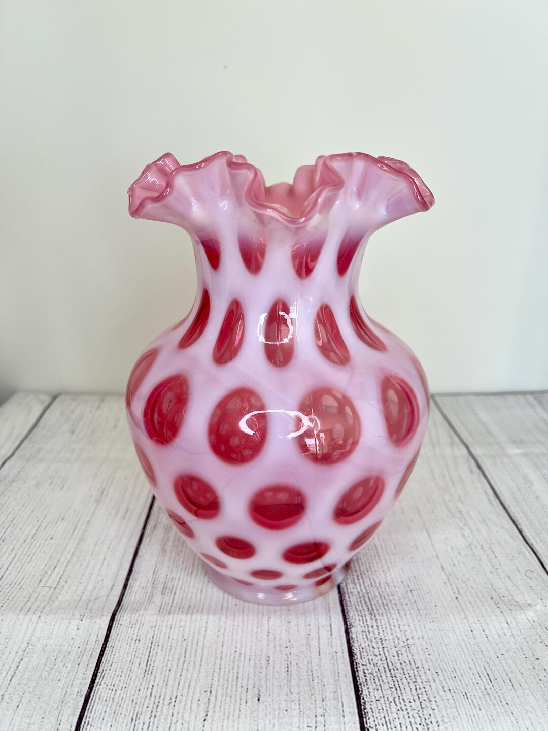 Vintage Fenton Coin Dot Cranberry Opalescent Large Vase - Etsy