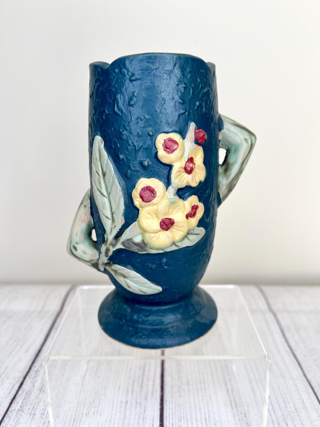 Roseville Pottery Reproduction Blue Flower Double Handle Vase - Etsy