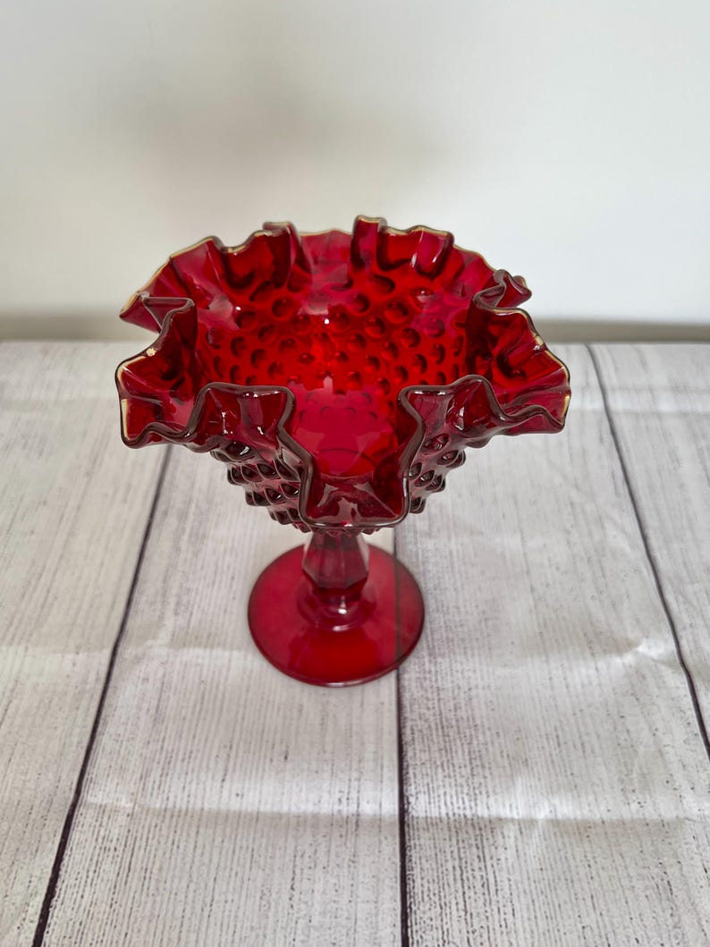 Fenton Glass Hobnail Pedestal Ruby Red Ruffled Edge Compote or Candy ...