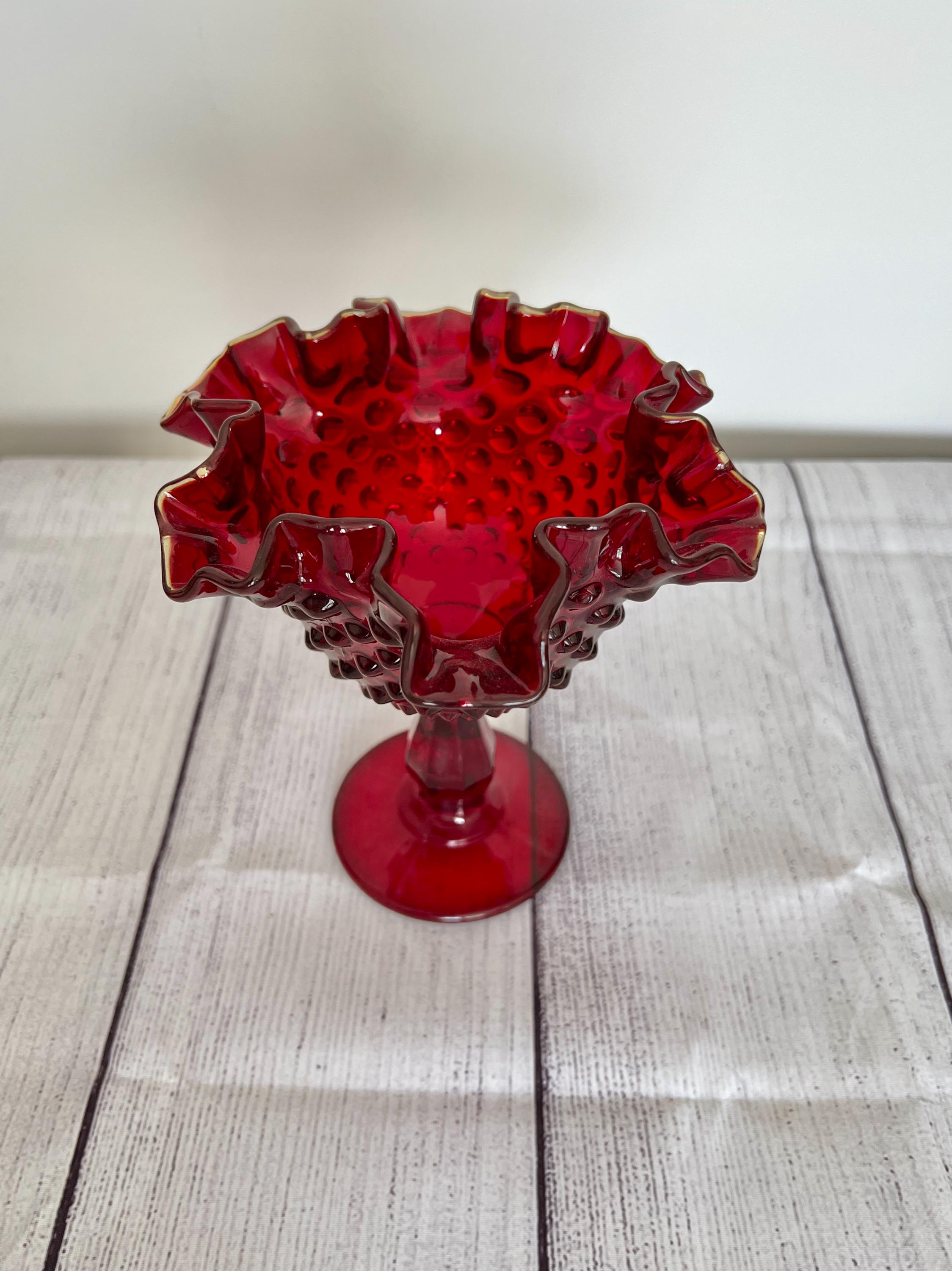 Fenton Glass Hobnail Pedestal Ruby Red Ruffled Edge Compote or Candy ...