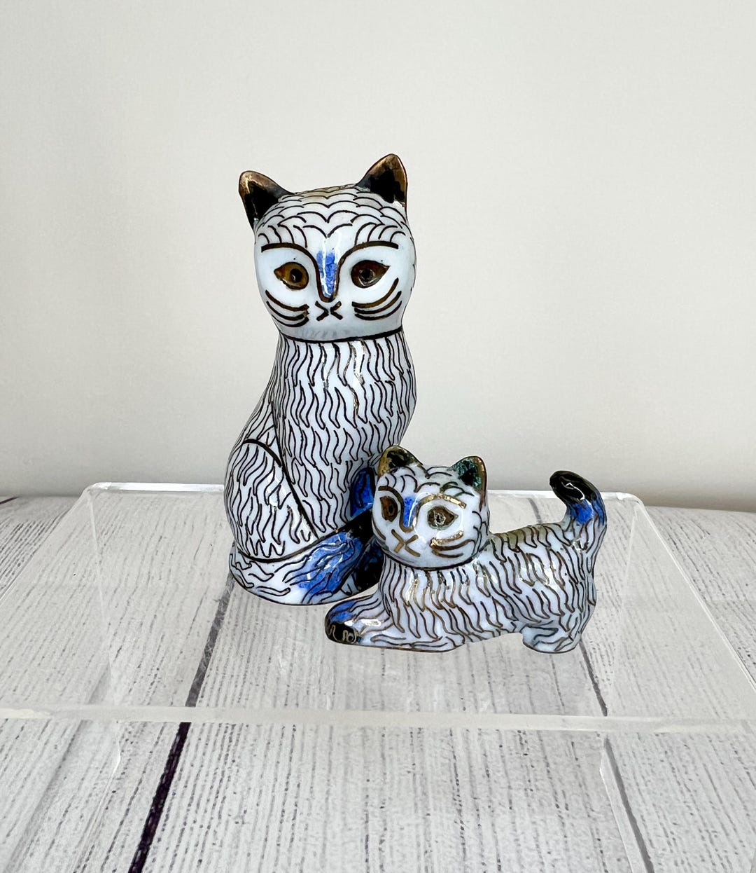 Cute Little Cloisonné Blue Cat and Kitten Figurine - Etsy