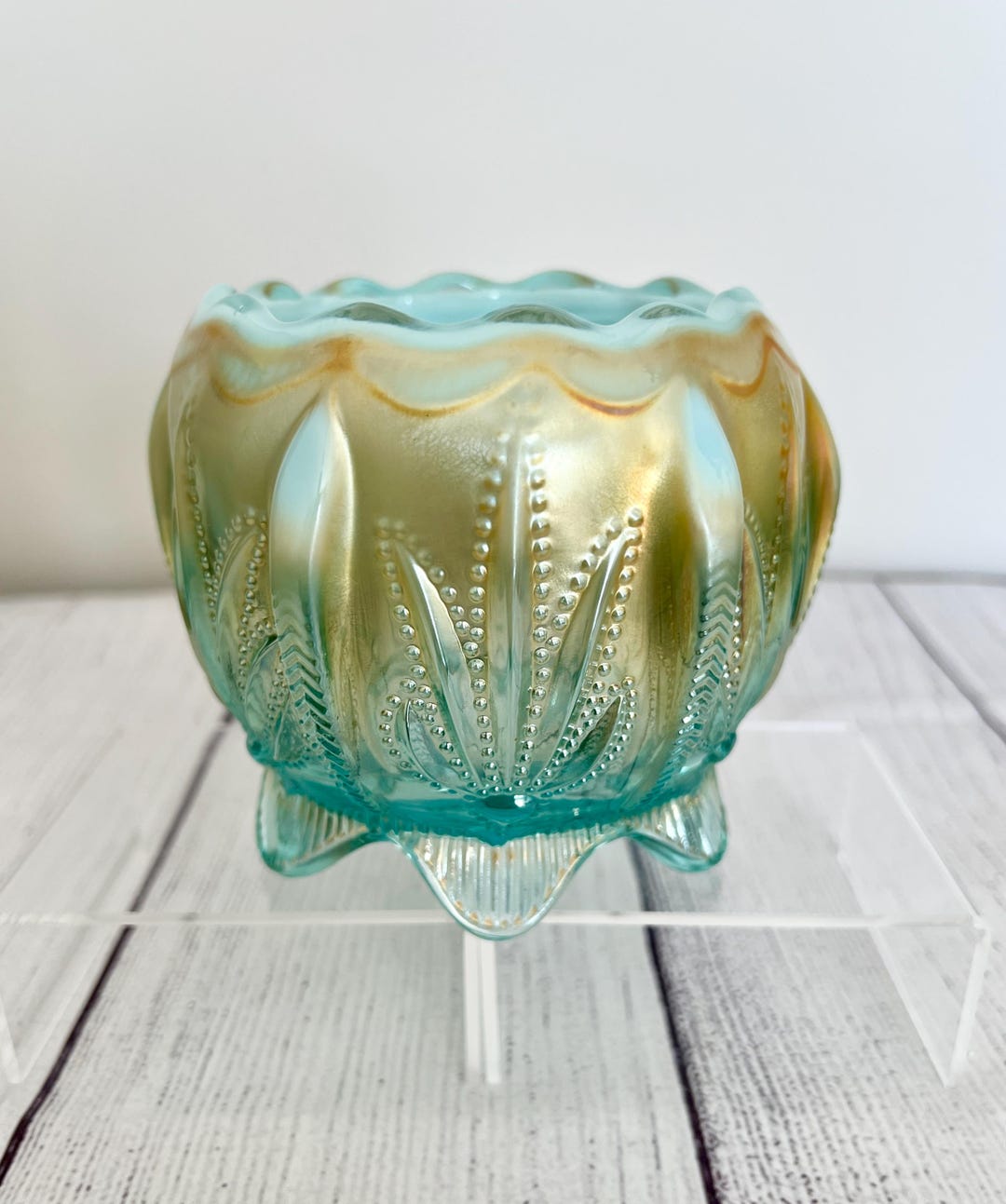 RARE Vintage Fenton Aqua Opalescent Cactus Glass Rose Bowl - Etsy