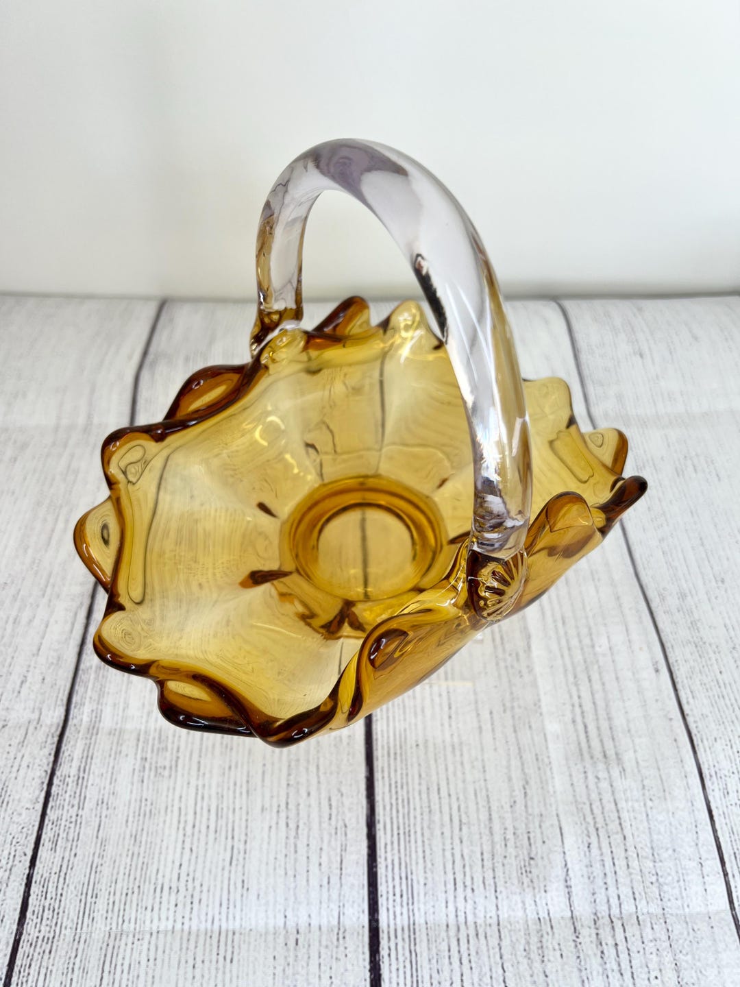 Vintage Viking Glass Amber Basket With Clear Applied Handle - Etsy