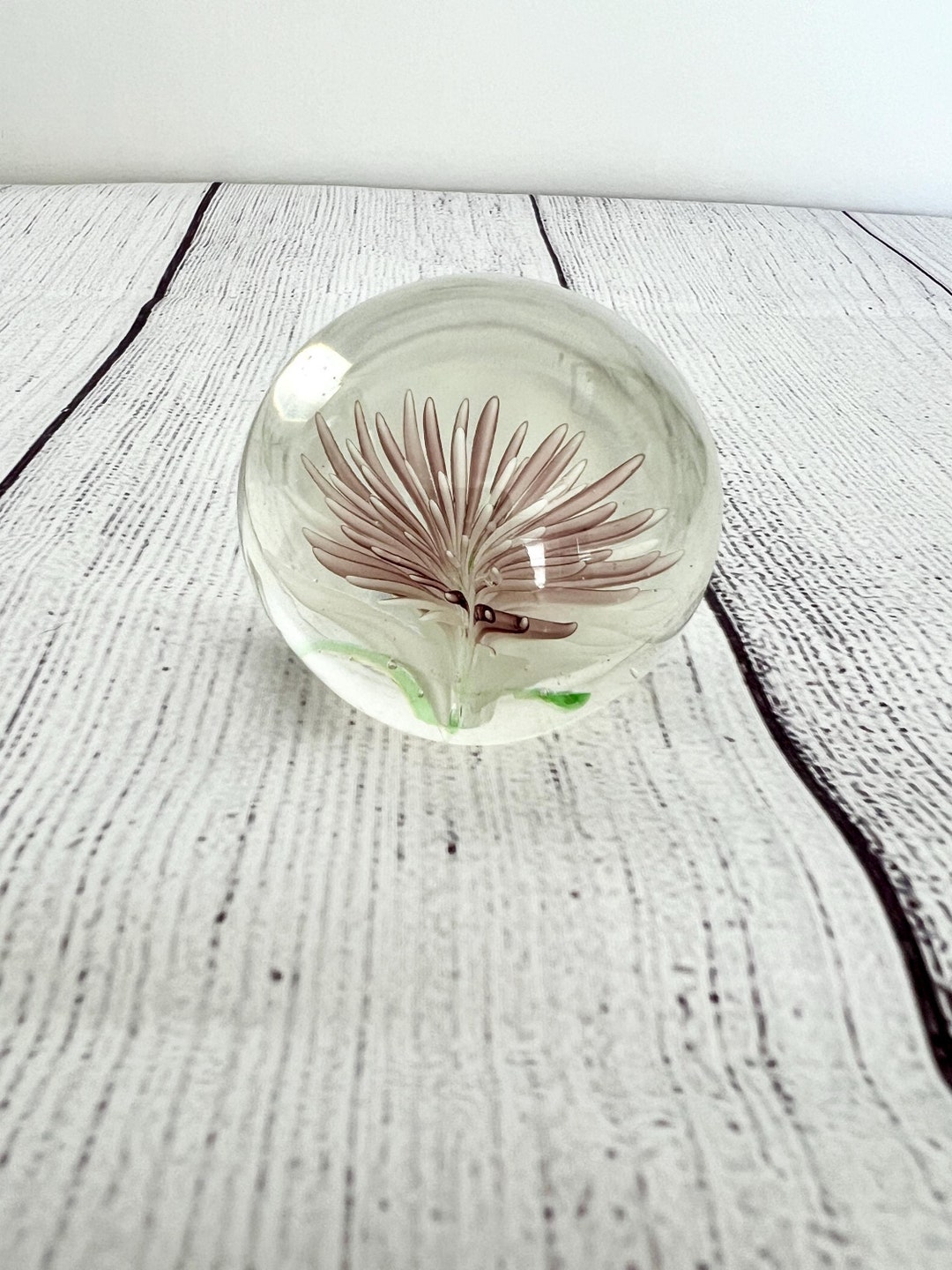 Vintage Art Glass Round Paperweight With Floating Purple Flower - Etsy