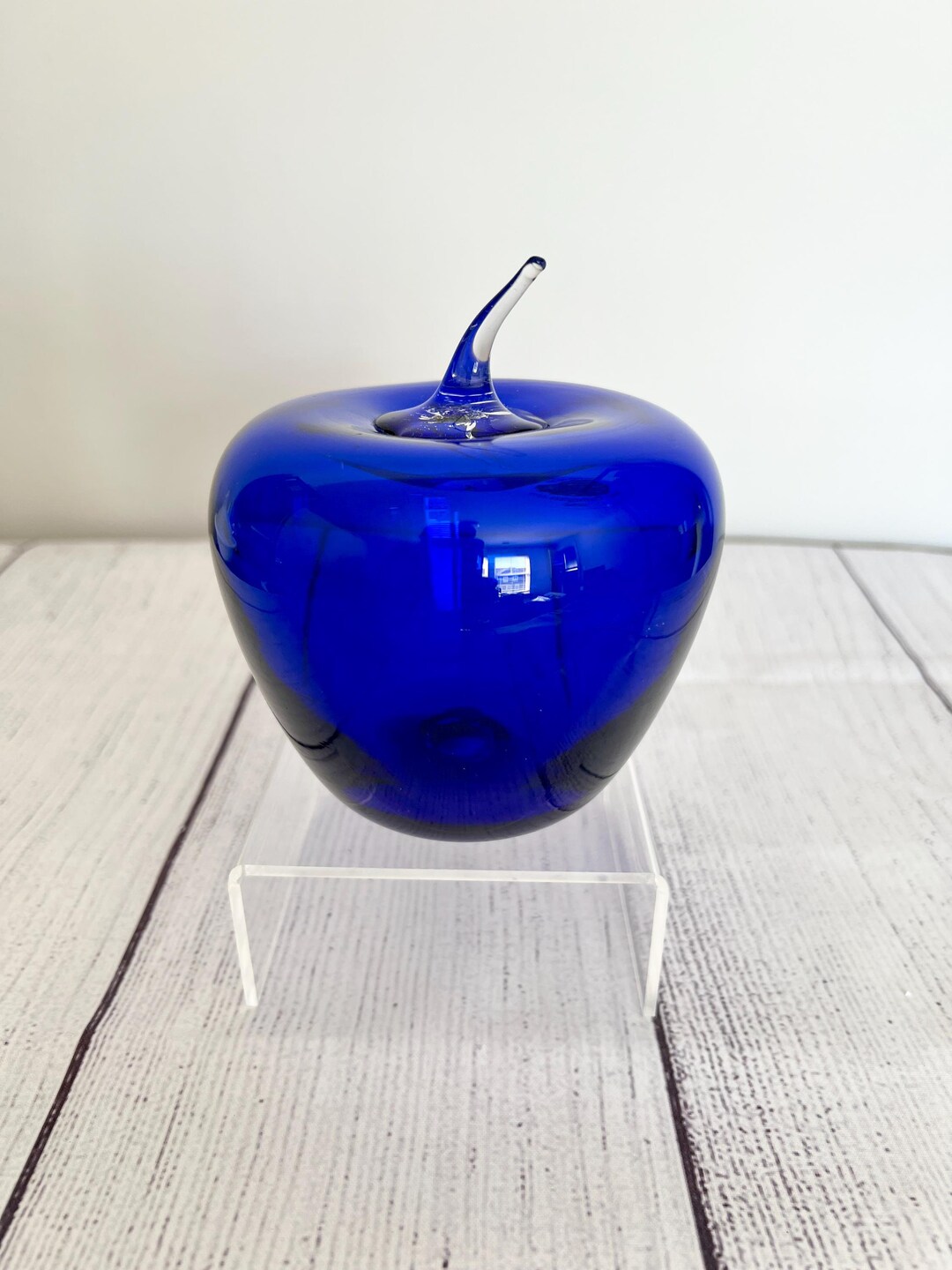 Blenko Cobalt Blue Hand Blown Glass Apple Paperweight Clear Stem - Etsy