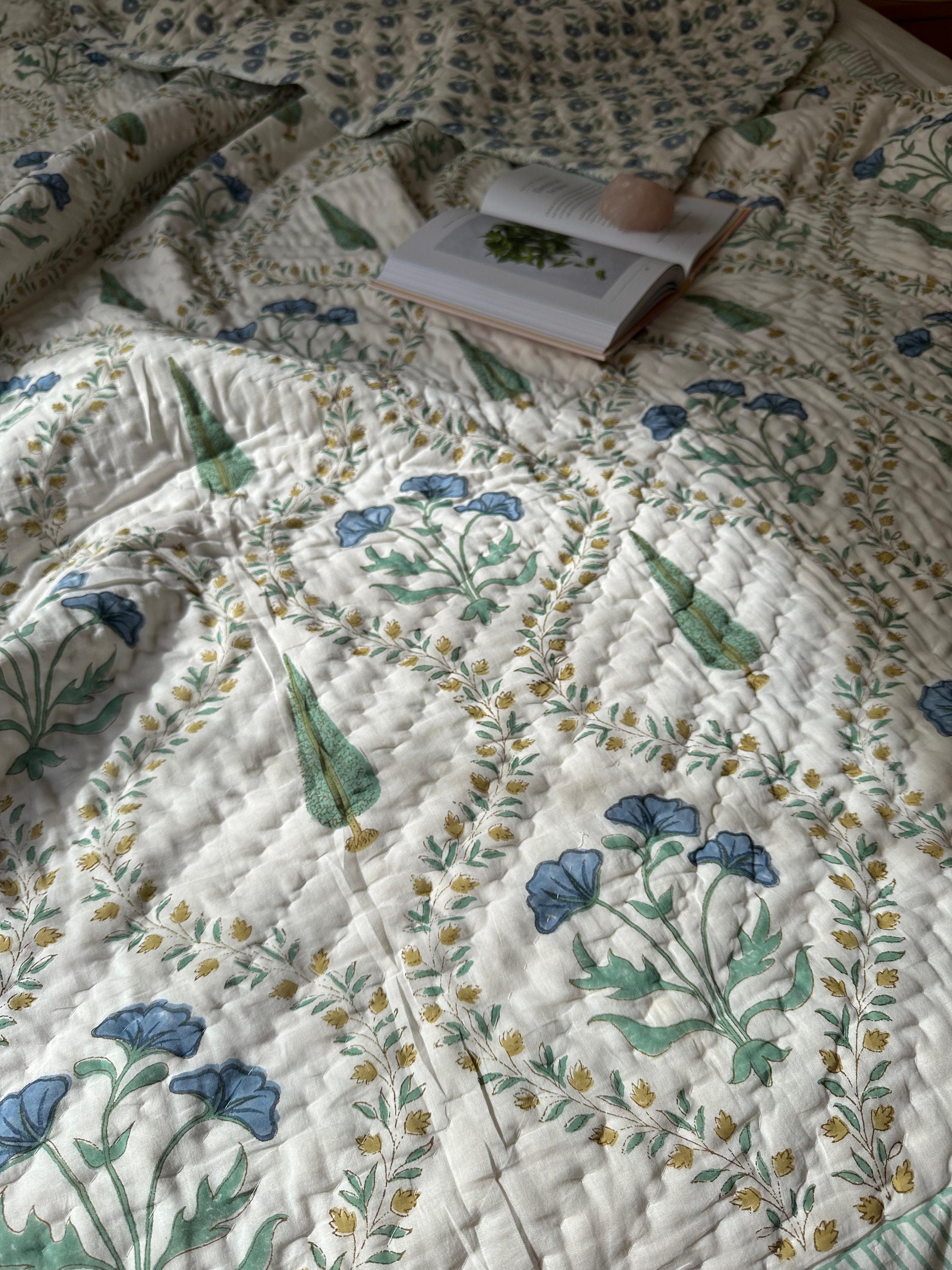 Hand Block Printed Cotton Quilt: Reversible Floral Bedspread With ...