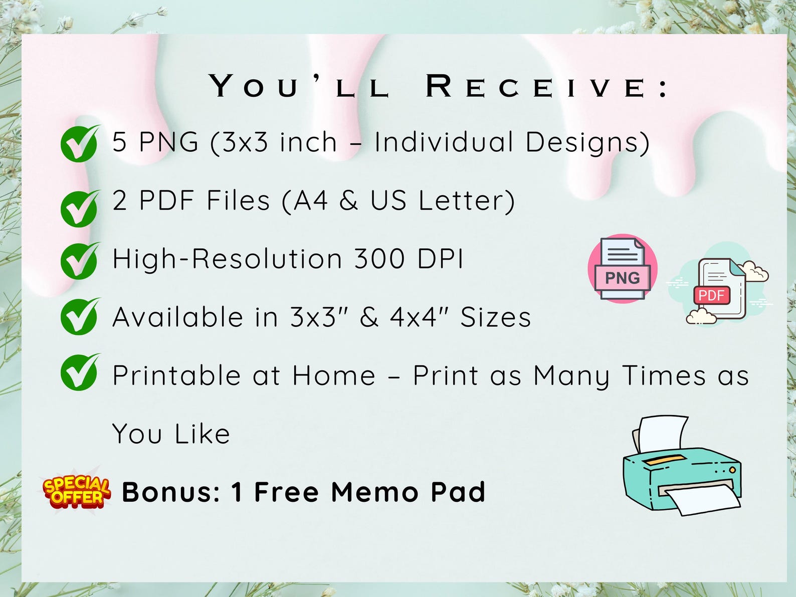 Printable Digital Memo Pad A – 5 Cute Designs + 1 Free | 3×3 & 4×4 PNG ...