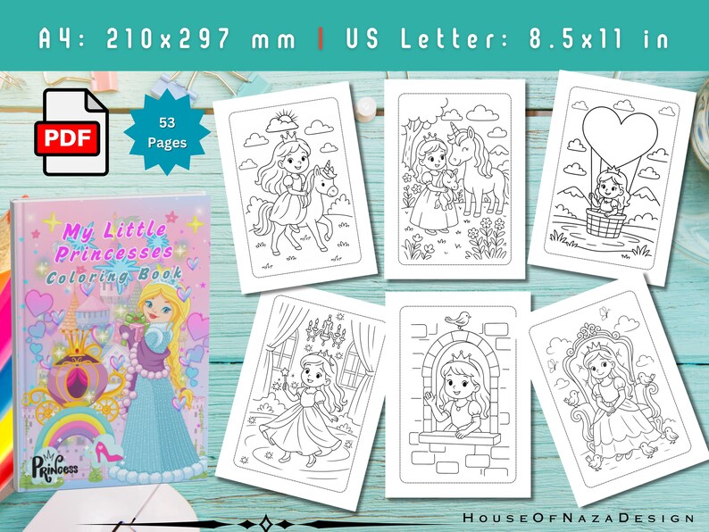 Printable Princess Coloring Book for Kids Ages 4–8 | 53 Royal and Fairy ...