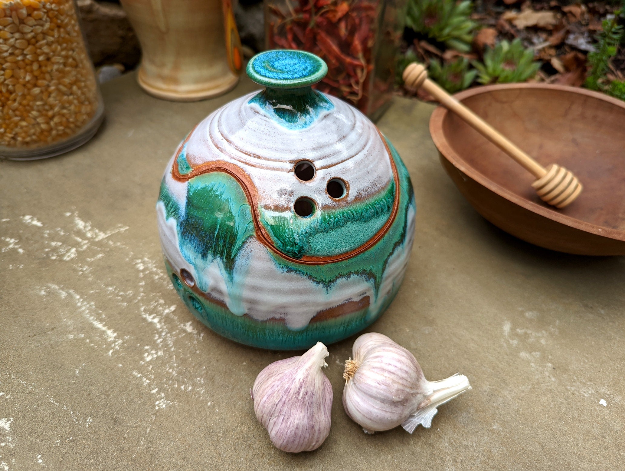 Large Garlic Keeper or Shallot Pot in Turquoise Falls- Made to Order - Etsy