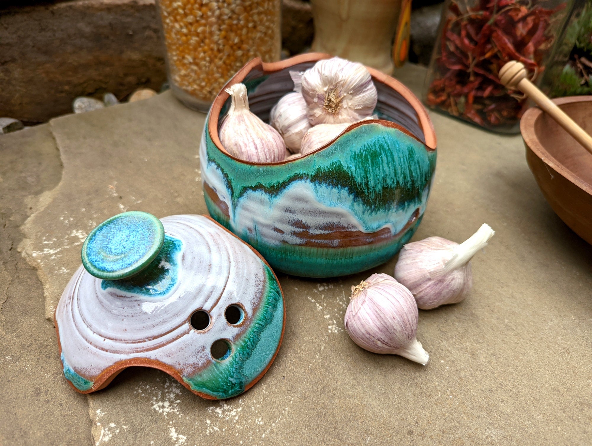 Large Garlic Keeper or Shallot Pot in Turquoise Falls- Made to Order - Etsy