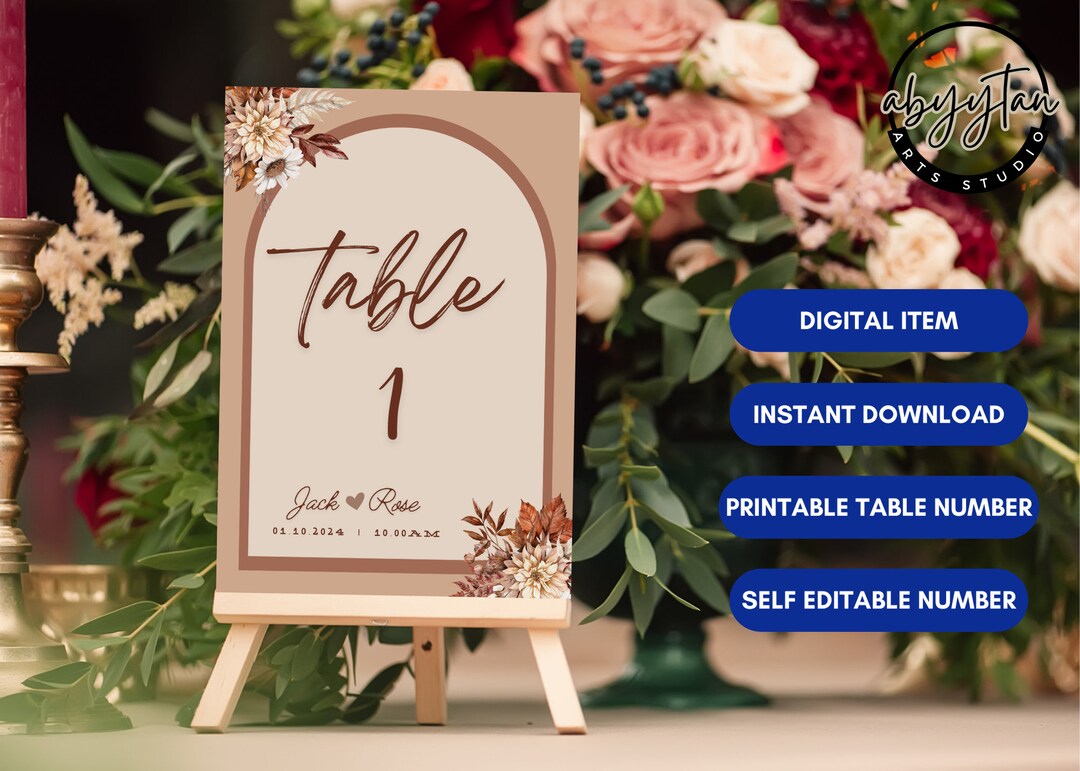 Pampas Wedding Table Numbers Signs, Printable Wedding Table Numbers ...