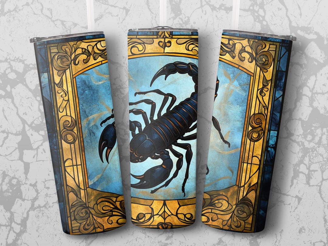 Scorpio Zodiac PNG Black Scorpion With Gold Frame on Light Blue Stained ...