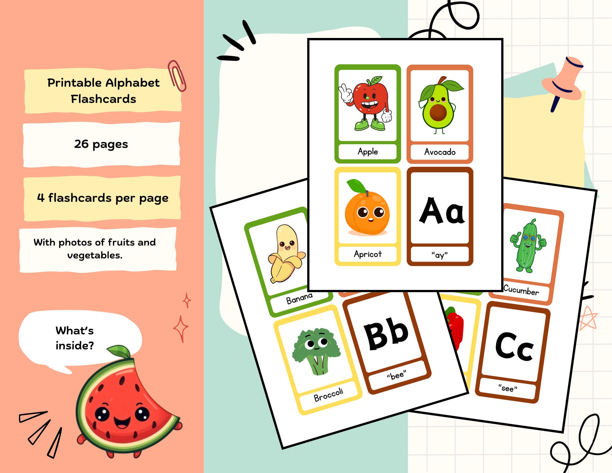 Printable Alphabet Flashcards - Fruits & Vegetables - Etsy