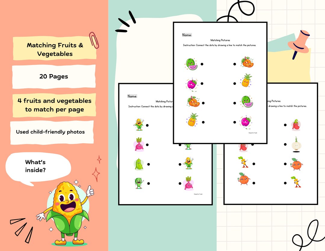 20 Pages Matching Fruits & Vegetables Printables - Etsy