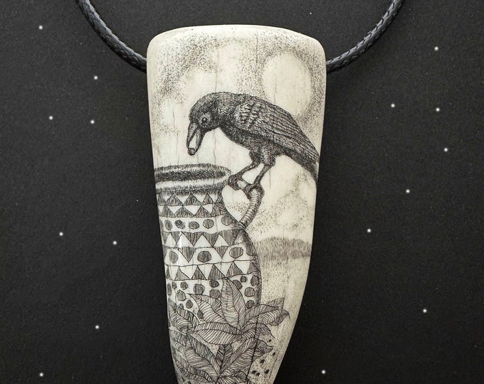 Original Scrimshaw Crow and the Pitcher Fable Pendant - Etsy
