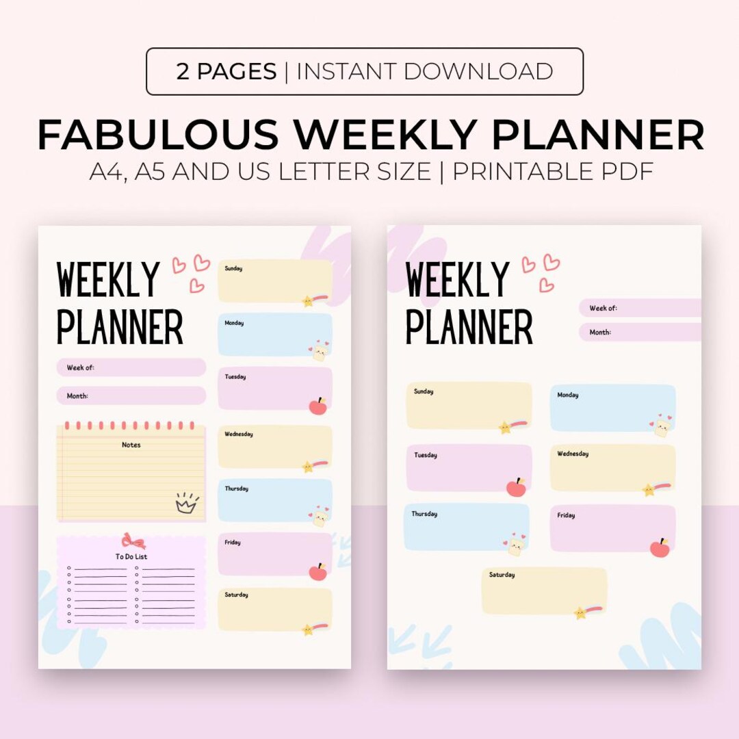 Cute Pastel Weekly Planner | Printable Weekly Tracker PDF | A5, Half ...