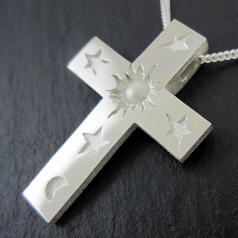 Modern Silver Cross, Small Genesis Cross Pendant With Chain, Bible ...