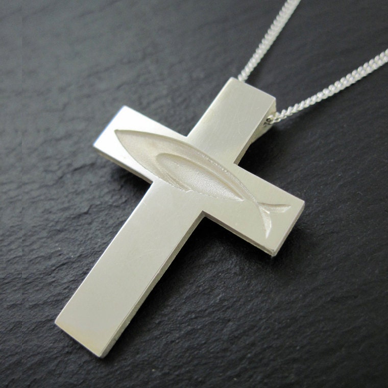Ichthus Cross Necklace, Christian Fish Cross Pendant With Chain, Silver ...