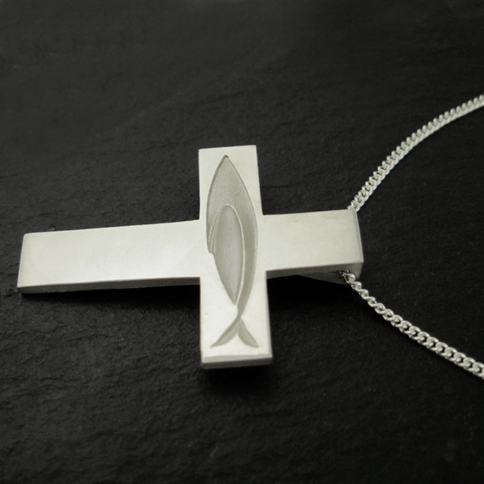Ichthus Cross Necklace, Christian Fish Cross Pendant With Chain, Silver ...