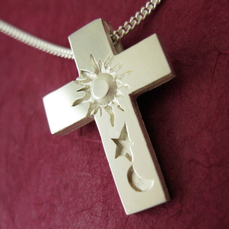Modern Silver Cross, Small Genesis Cross Pendant With Chain, Bible ...