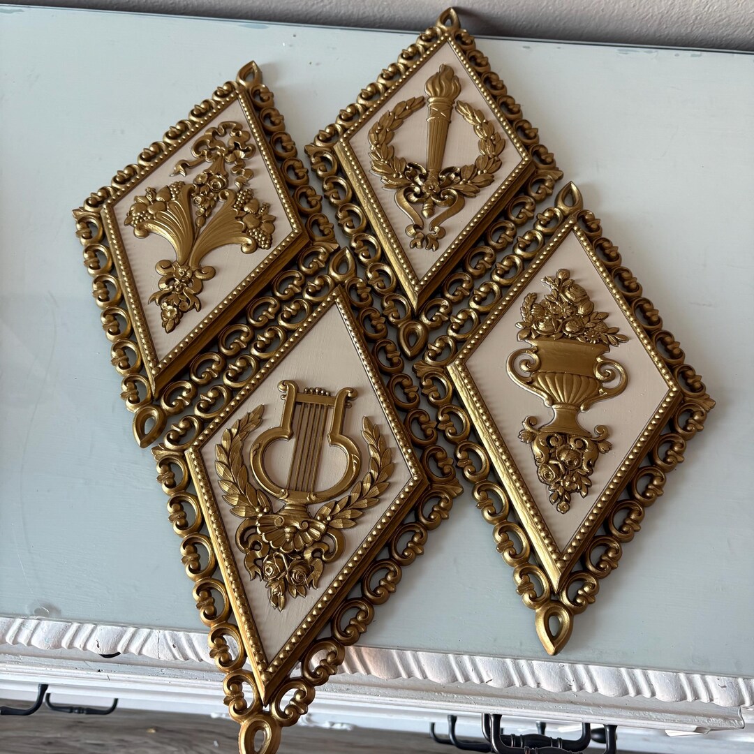 Vintage Homco Wall Decor: 1970s Diamond Shaped Gold and Ivory Plaques ...