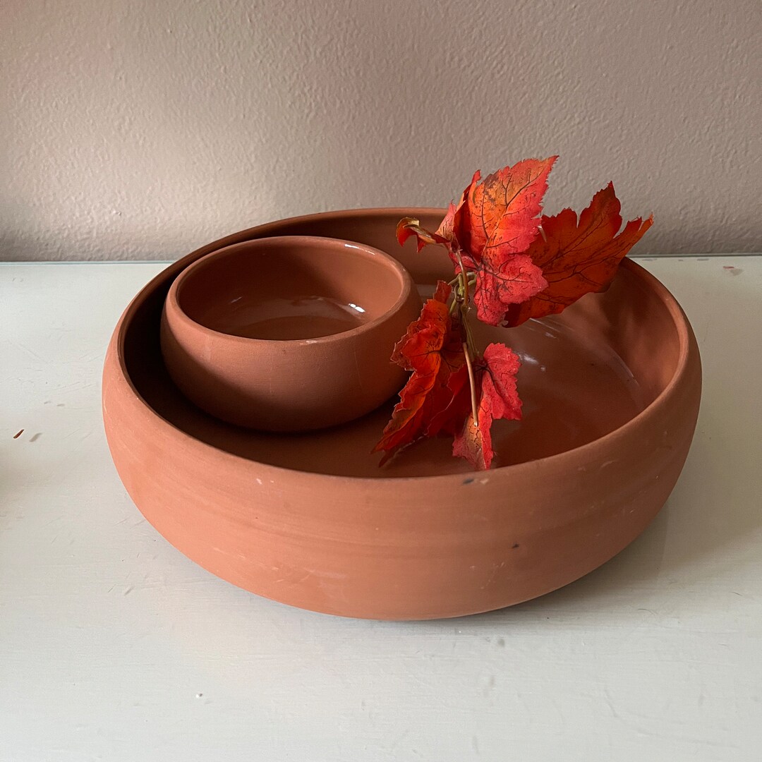 Terra Cotta Chips, Salsa, Veggies & Dip Round Serving Tray / Double ...