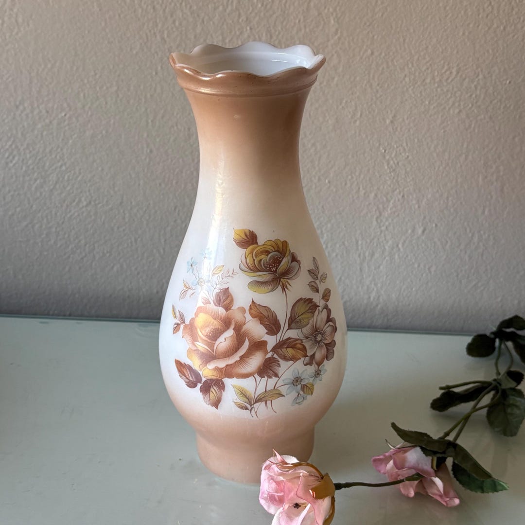 Used Painted Glass Chimney: Brown Floral on White With Scalloped Edge ...