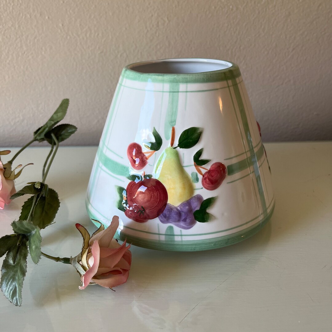 Vintage Large Jar Candle Shade, Topper / Fruit on Plaid Ceramic Shade ...