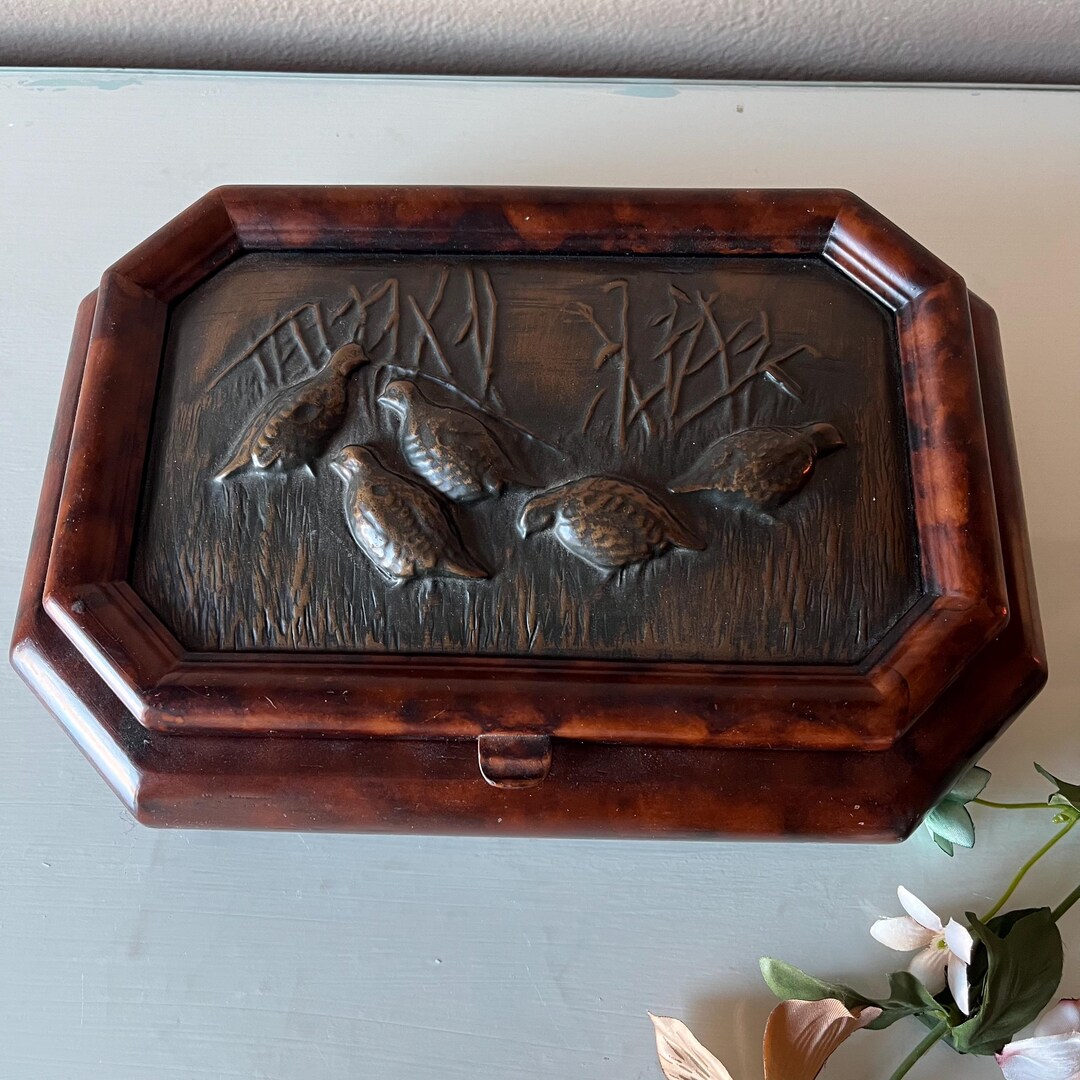 Vintage Masculine Quail Covey Jewelry, Cigarette Box / Wood Dresser Box ...
