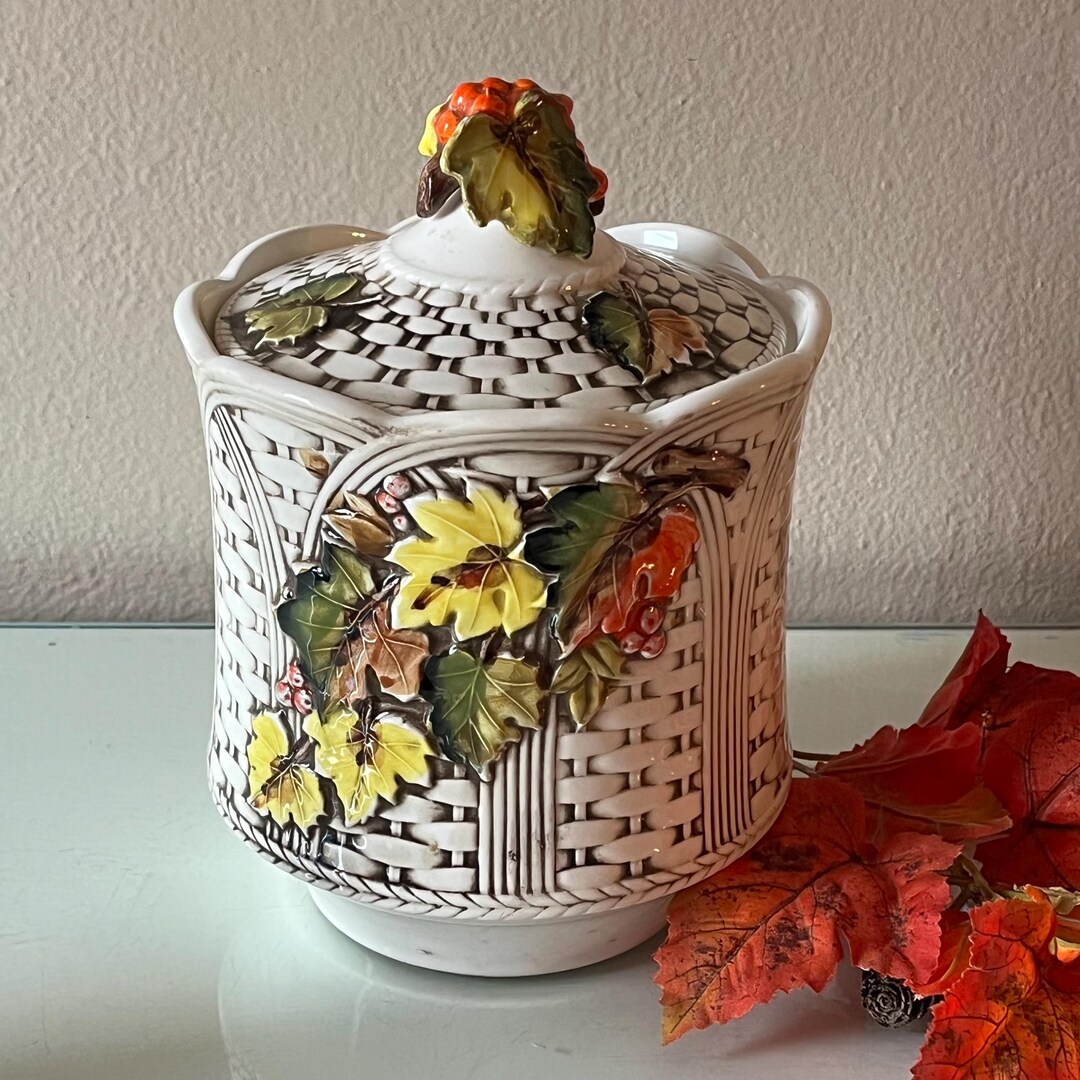Vintage Lefton Basketweave Canister: 1960s Fall Leaves Kitchen Storage ...
