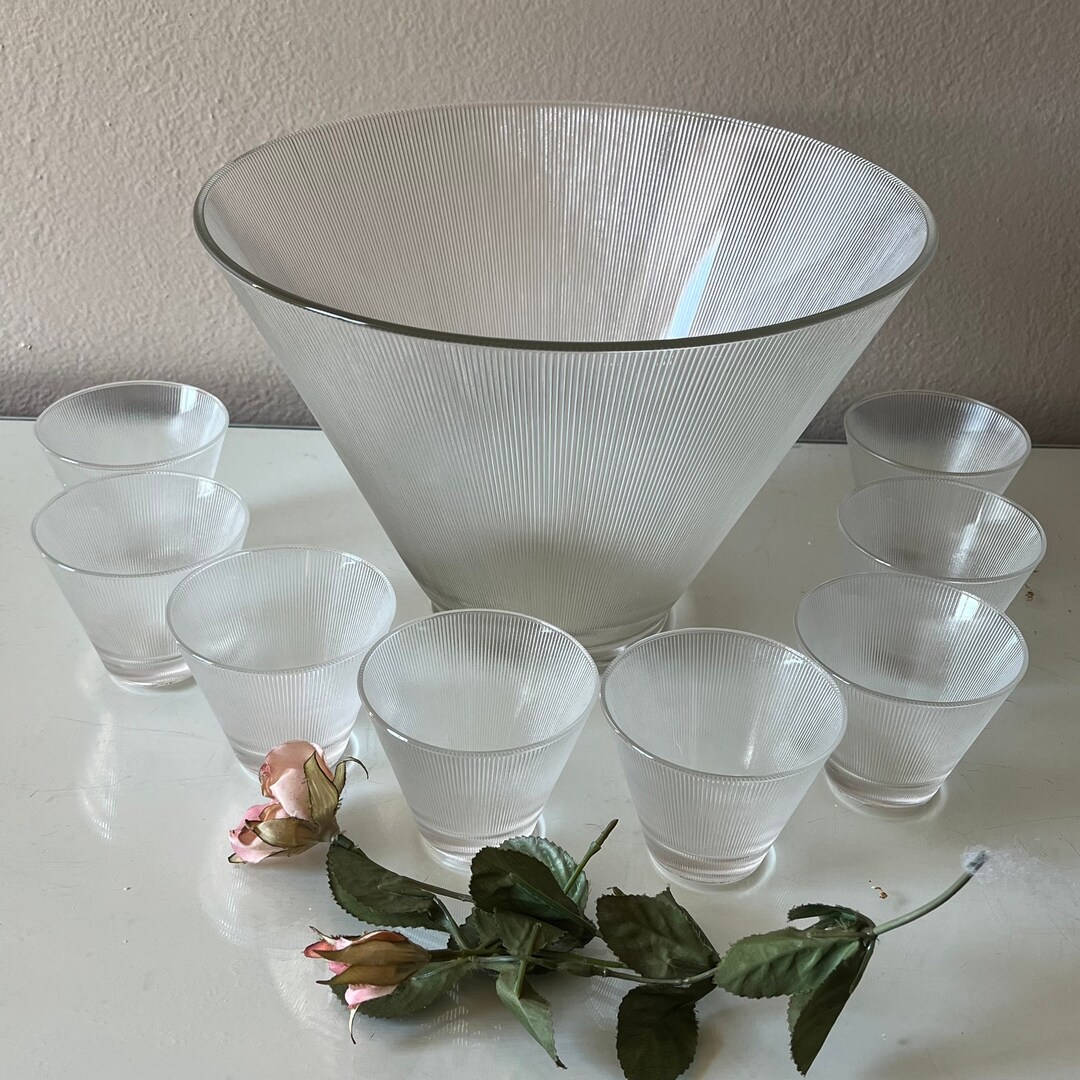 Norse Prismatic Punch Bowl and 8 Punch Cups / Clear, Ribbed, MCM Punch ...
