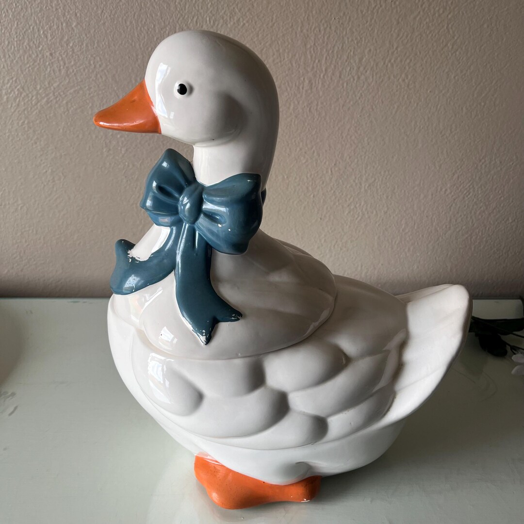 C. 1980s White Ceramic Goose / Duck Cookie Jar With Blue Ribbons, Burnt ...