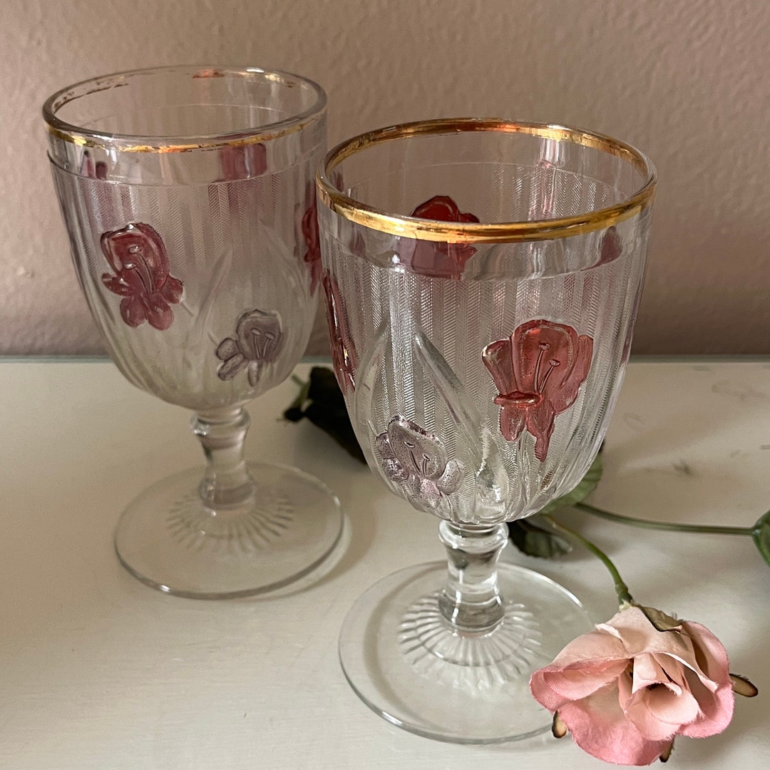 Vintage, Used Jeannette Iris Ruby Flash Water Goblets / Footed Drink Ware, C1928-32 Depression ...