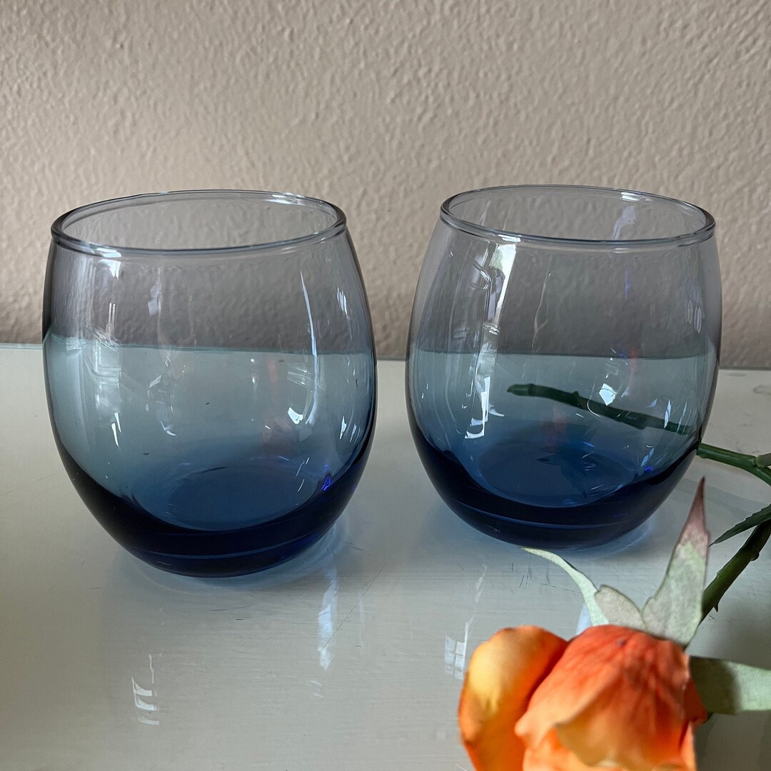 Two Blue Roly Poly Barware Glasses / Roly Poly Rocks, Cocktail Glasses / Blue Drink Ware, Juice ...