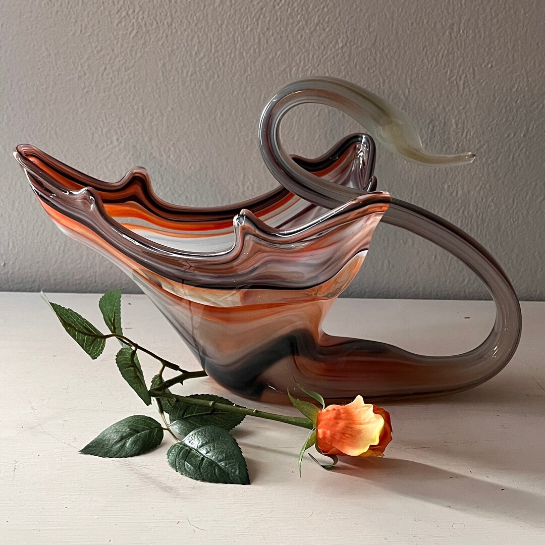 Hand Blown Glass Swan Planter / Orange, Brown, White, Clear Glass Swan ...